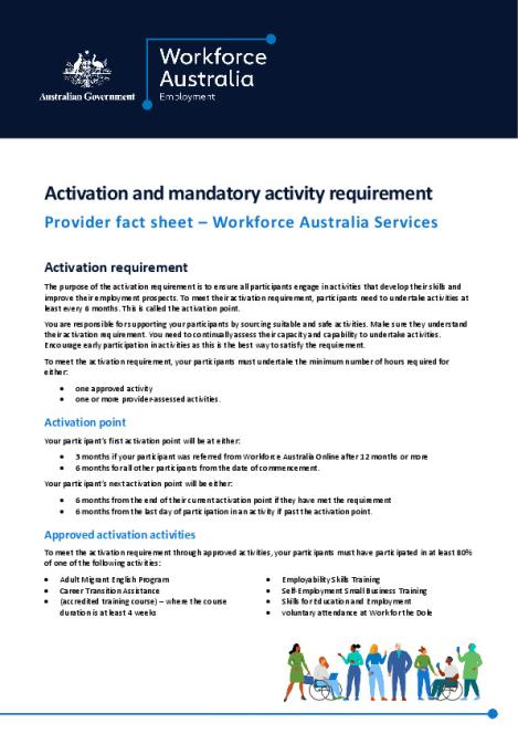 Workforce Australia Services - Activation and Mandatory Activity Requirement - Provider Fact ...